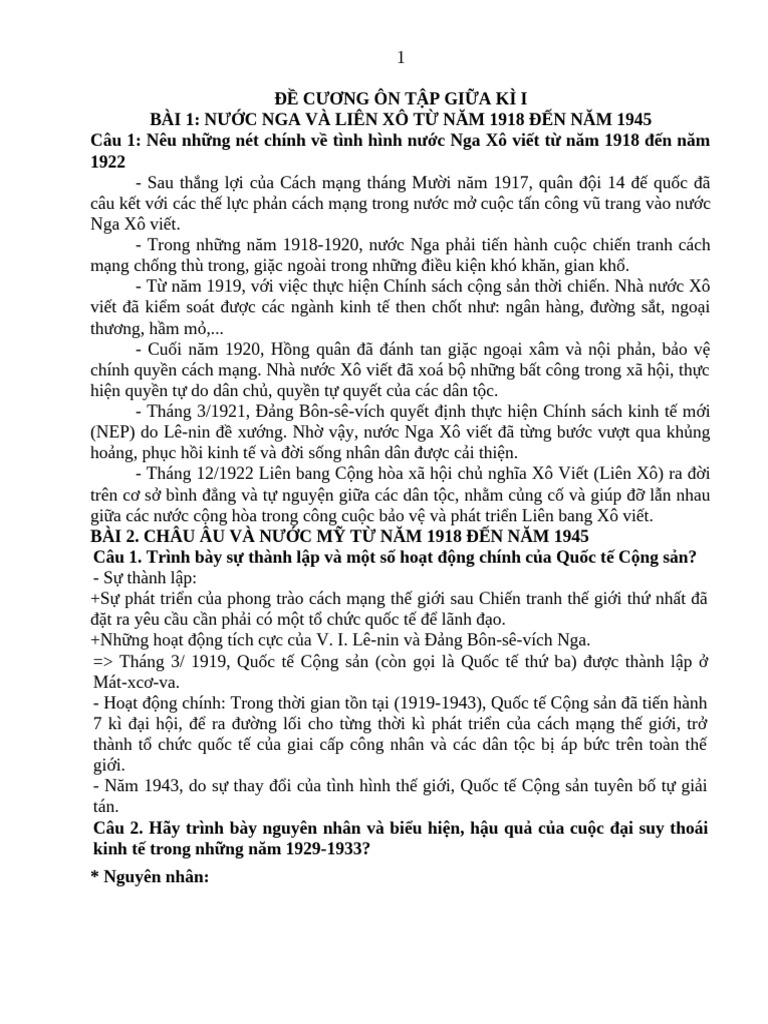 Sử 9-Đề Cương Ôn Tập Giữa Kì 1 (25-26) | PDF