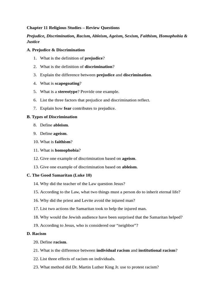 Chapter 11 Religious Studies Review Questions | PDF | Discrimination ...