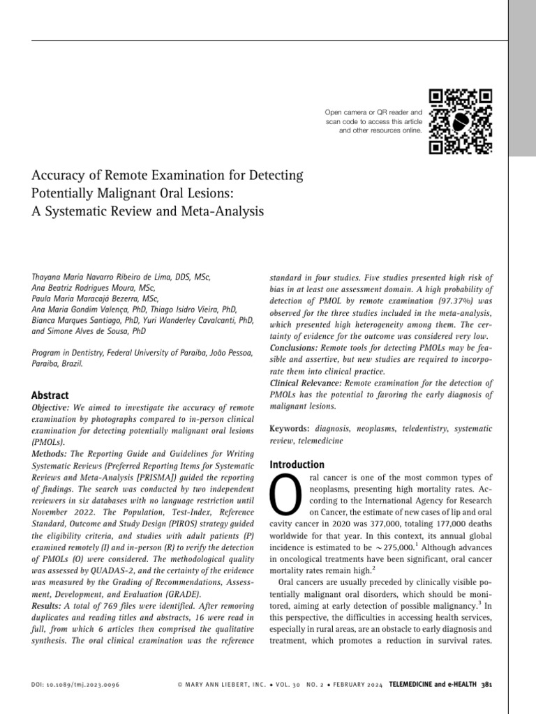 Accuracy of Remote Examination For Detecting Potentially Malignant Oral Lesions A Systematic ...