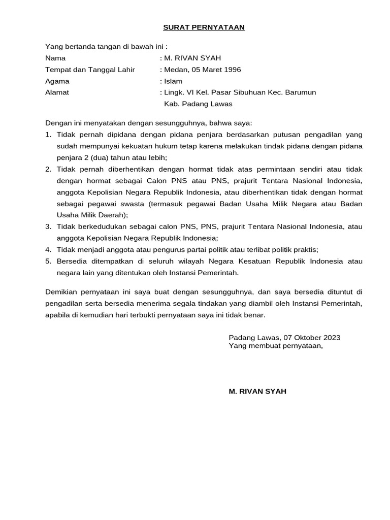Surat Pernyataan M. Rivan Syah | PDF