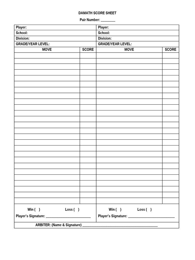 Damath Score Sheet | PDF