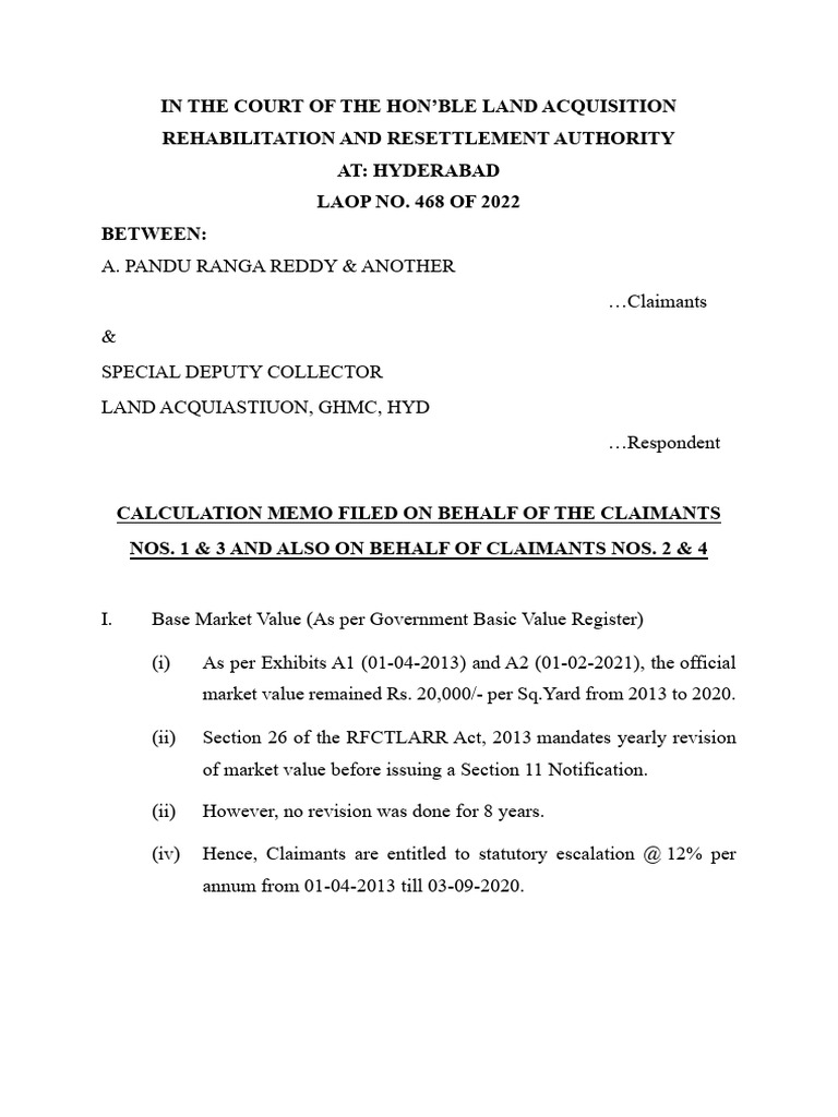 Land Value Calculation Memo for Claimants | PDF