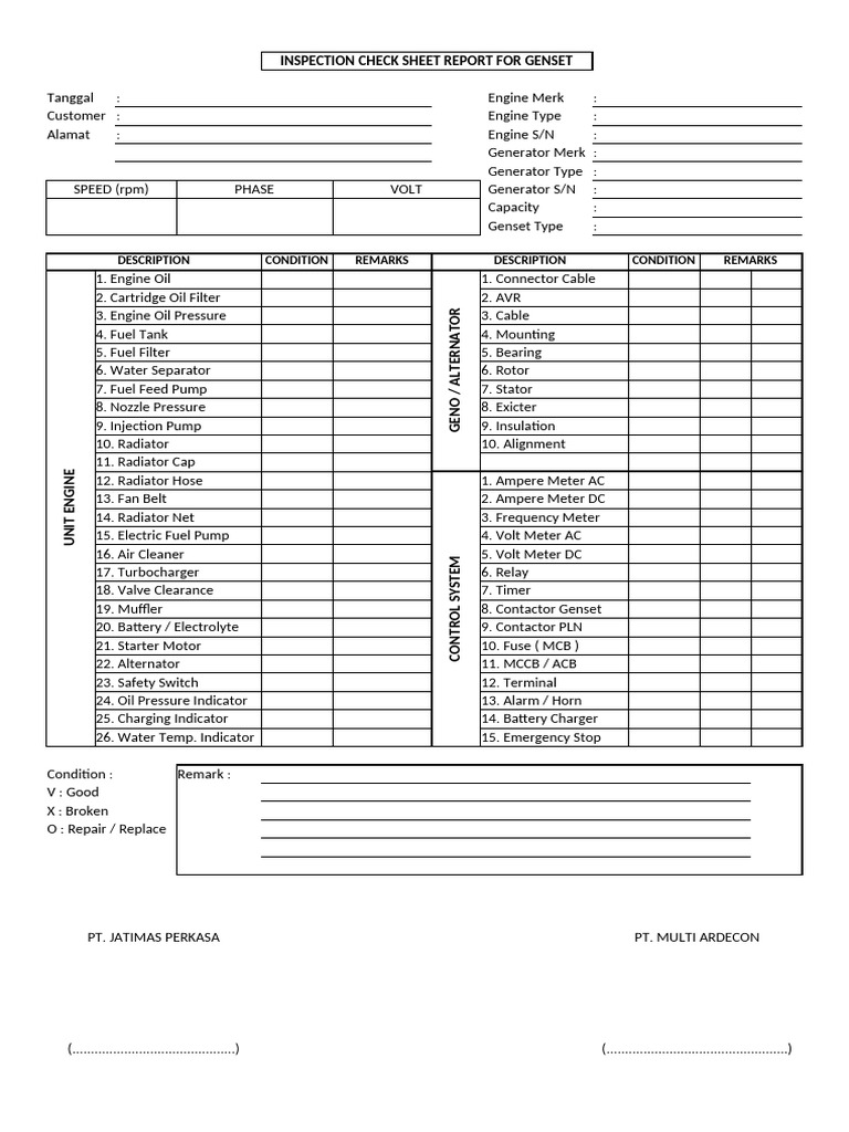 Inspection Check LIst (Genset) | PDF | Electric Generator | Engines