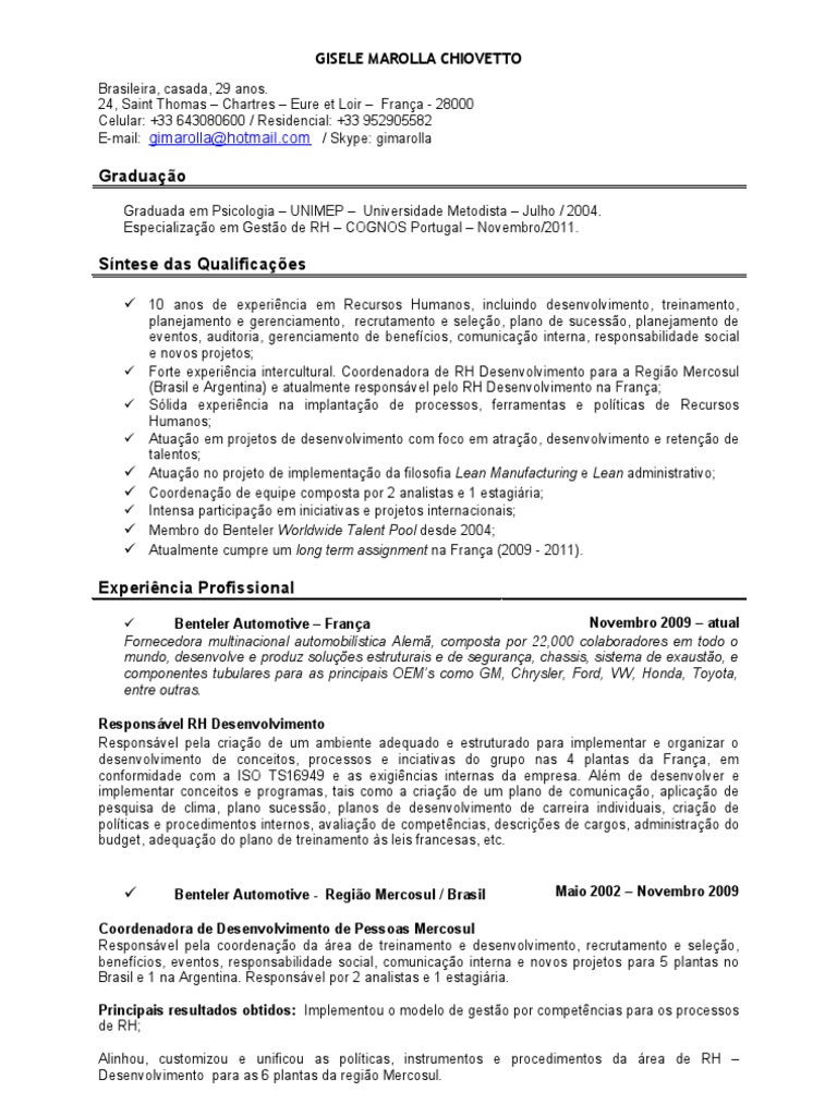 2011 CV Gisele Chiovetto RH Port | PDF | Gestão de recursos humanos | Recrutamento