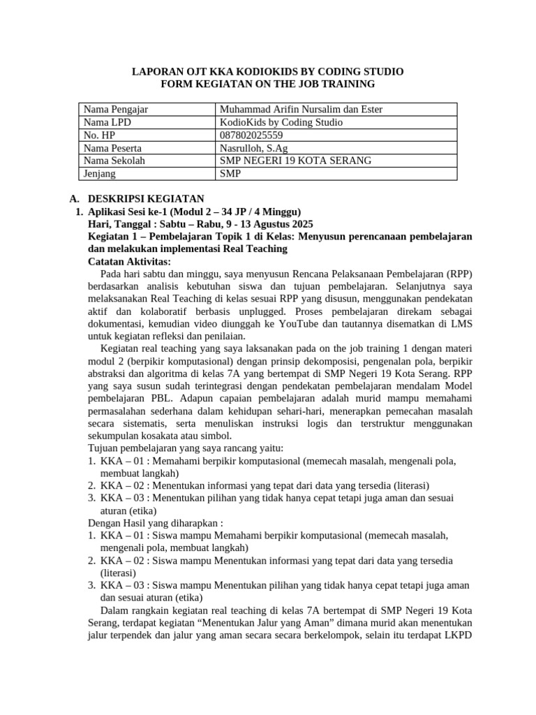 Laporan Ojt Kka Kodiokids by Coding Studio | PDF