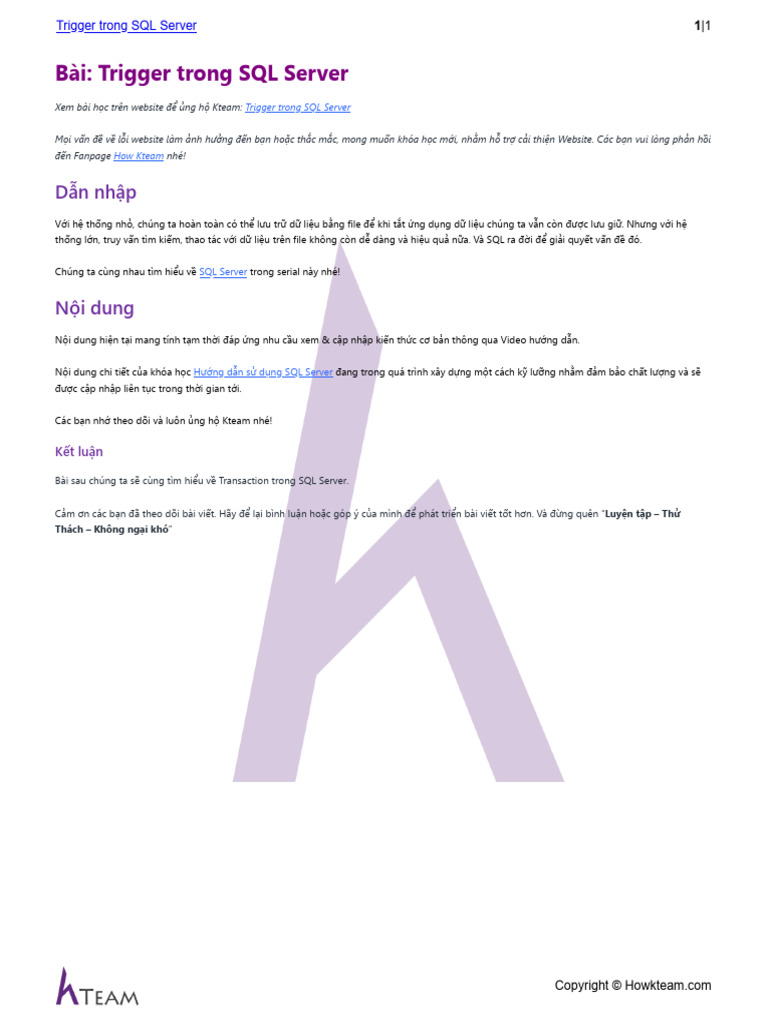 HOWKTEAM - VN - Trigger Trong SQL Server | PDF