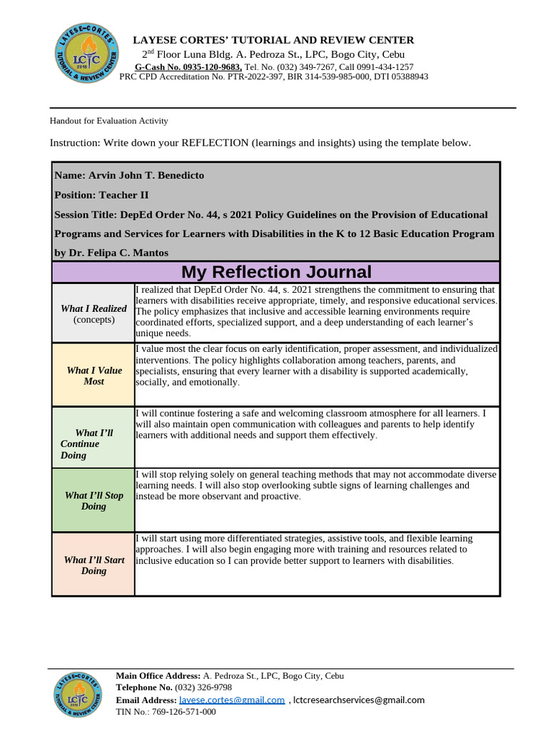 My Reflection Journal: 2 Floor Luna Bldg. A. Pedroza ST., LPC, Bogo ...