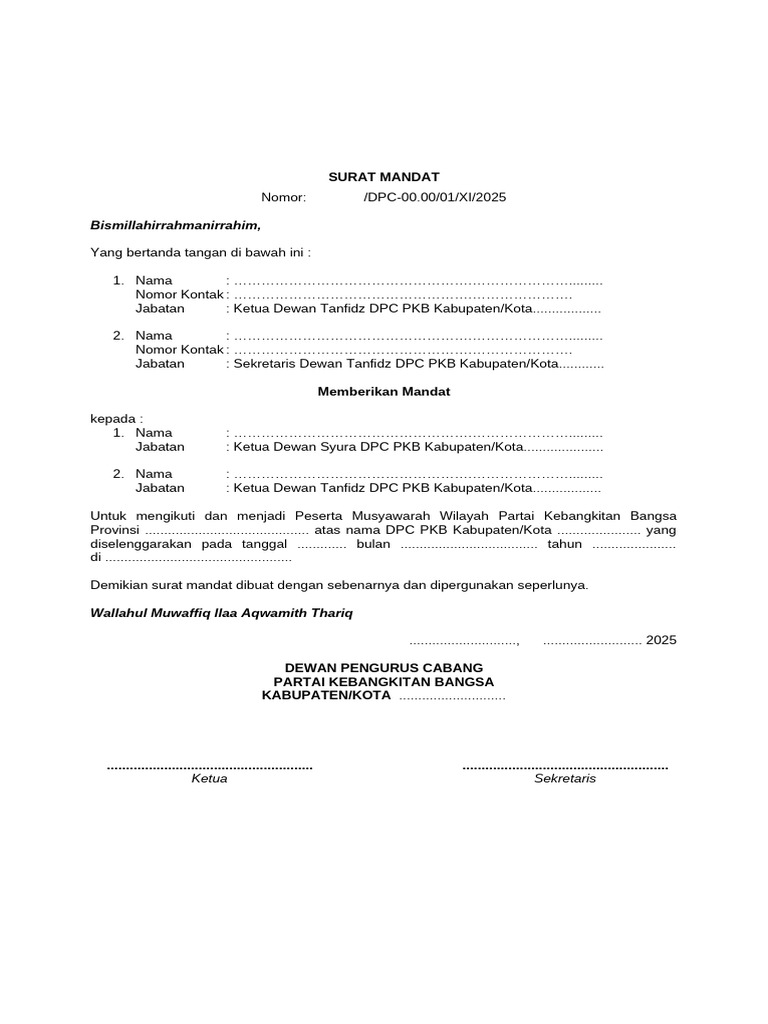 Surat Mandat dan Kuasa Muswil PKB 2025 | PDF
