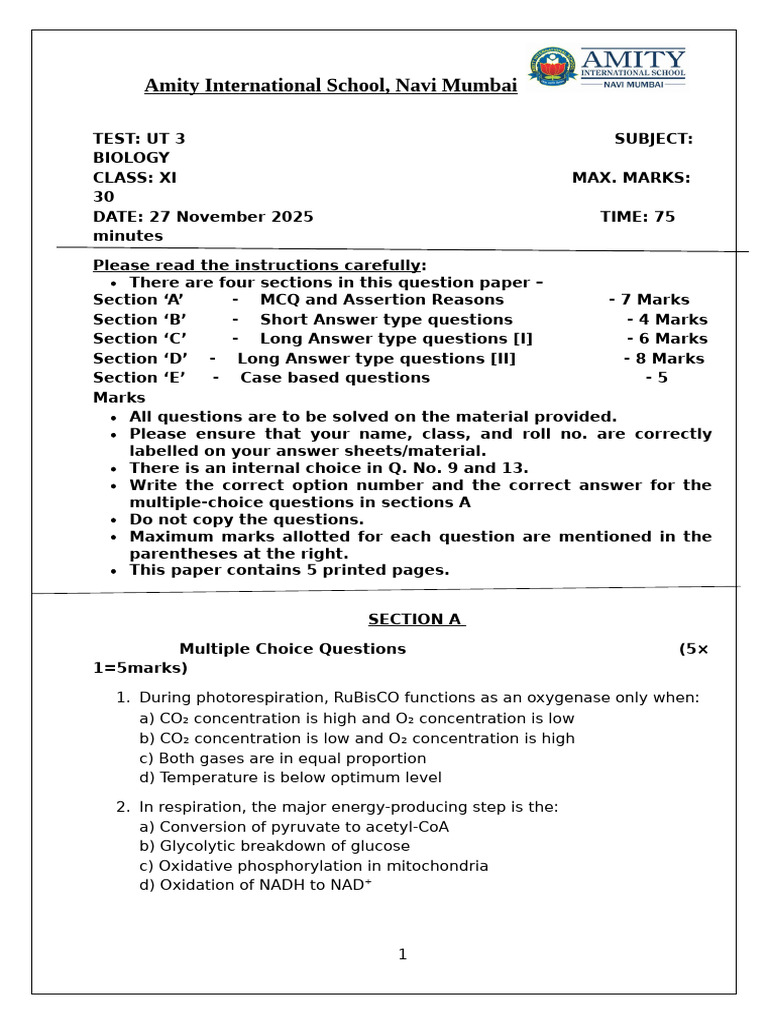 UT 3 biology paper | PDF | Photosynthesis | Cellular Respiration