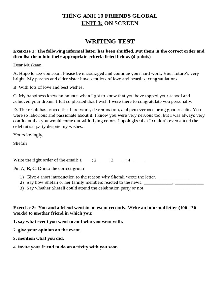 Friends Global 10 - Unit 3 - Writing Test | PDF