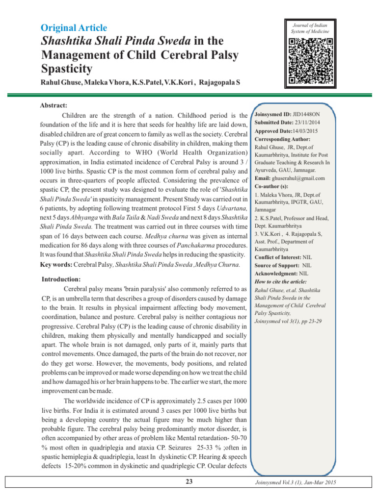 Shashtij Shali Pinda Sweda in Cerebral Palsy | PDF | Cerebral Palsy ...