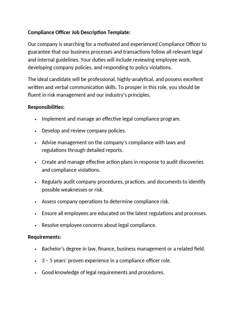 Compliance Officer Job Description Template | PDF