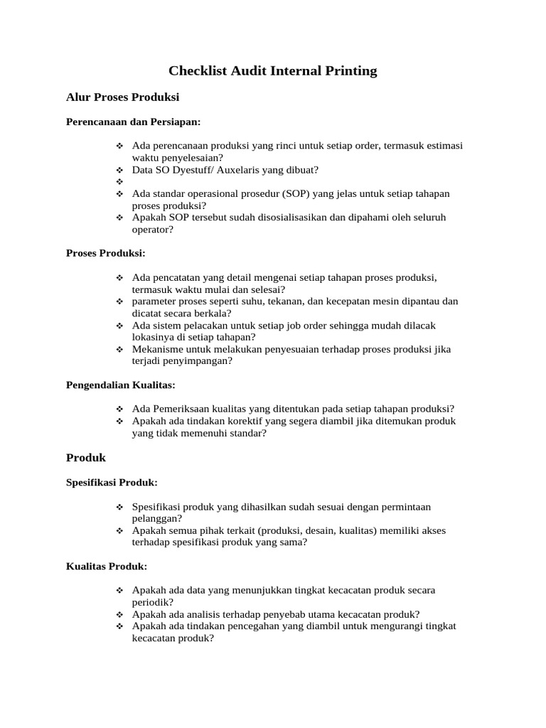 Checklist Audit Internal Printing | PDF
