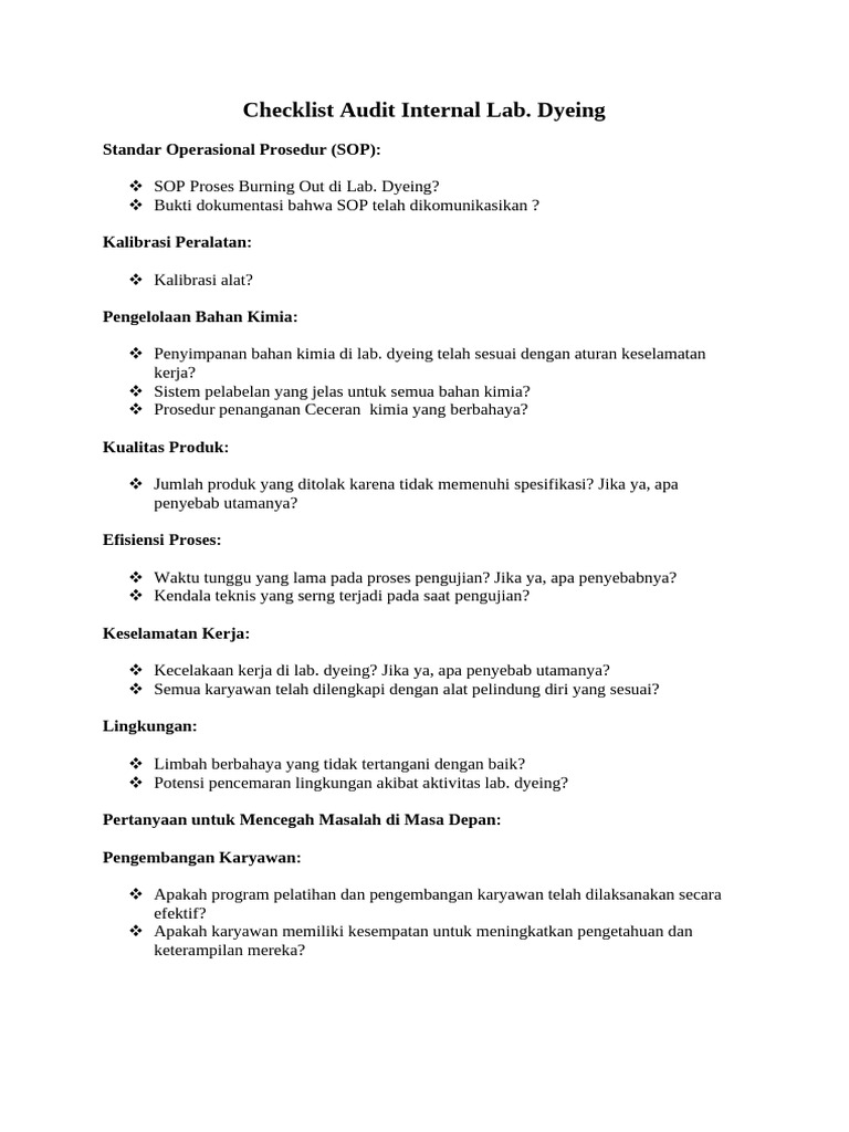 Checklist Audit Internal Lab Dyeing | PDF
