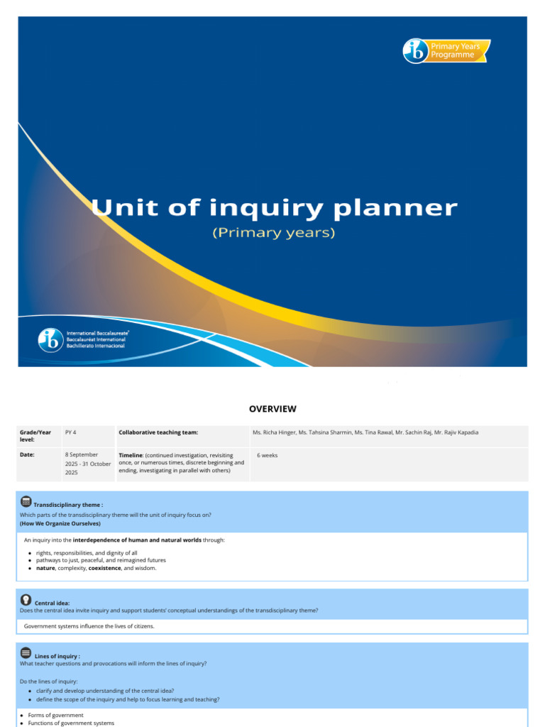 PYP Unit Inquiry: Government Systems | PDF | Learning | Idea