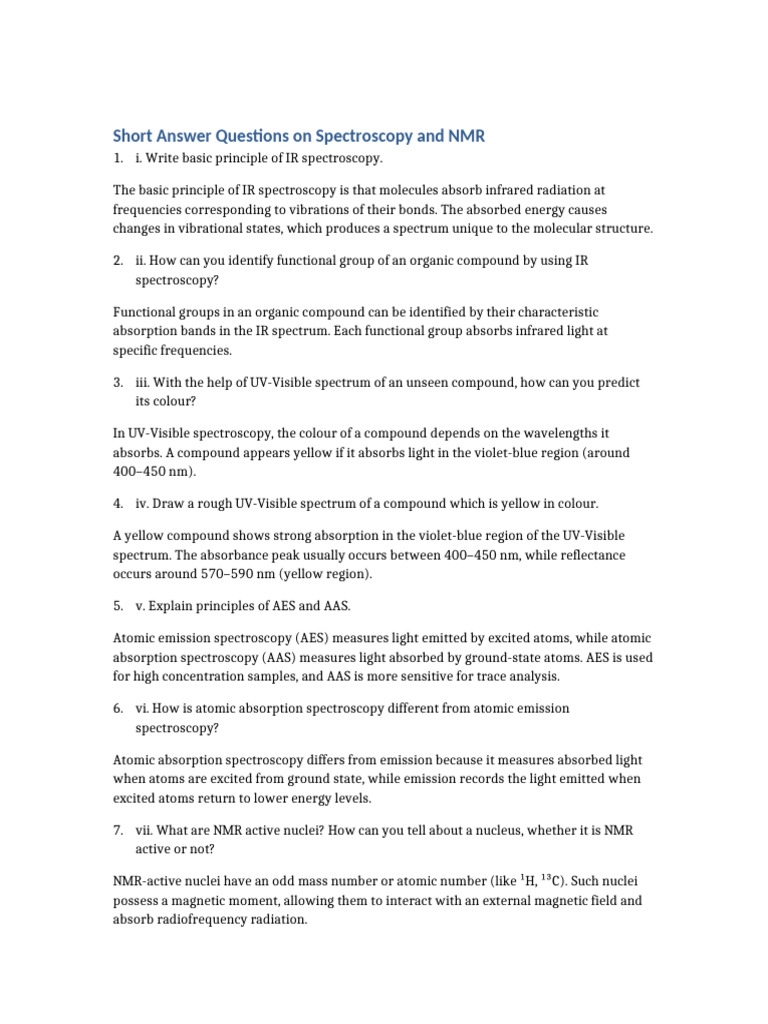 Spectroscopy and NMR Short Answer Guide | PDF | Nuclear Magnetic ...