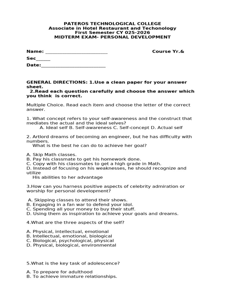 Long Quiz Perdev | PDF | Stress (Biology) | Self Concept