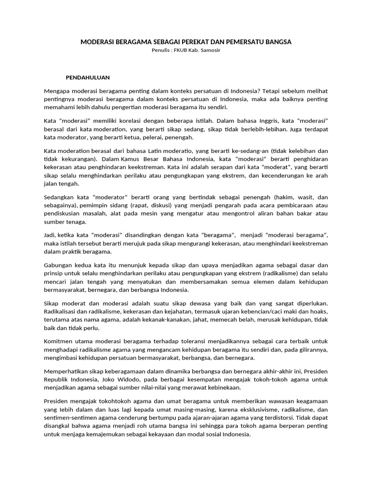 Moderasi Beragama Sebagai Perekat Dan Pemersatu Bangsa | PDF