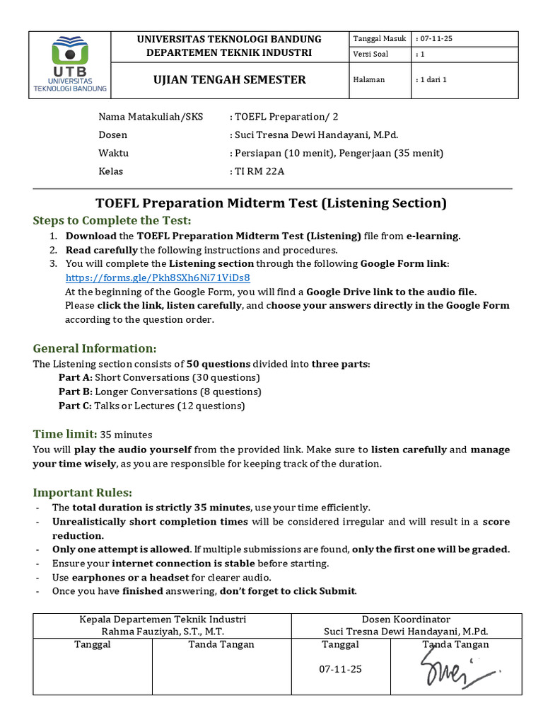Dosen - SCT - UTS - File - Exam - 25261 TI RM 22A TI-KU7178 TOEFL ...