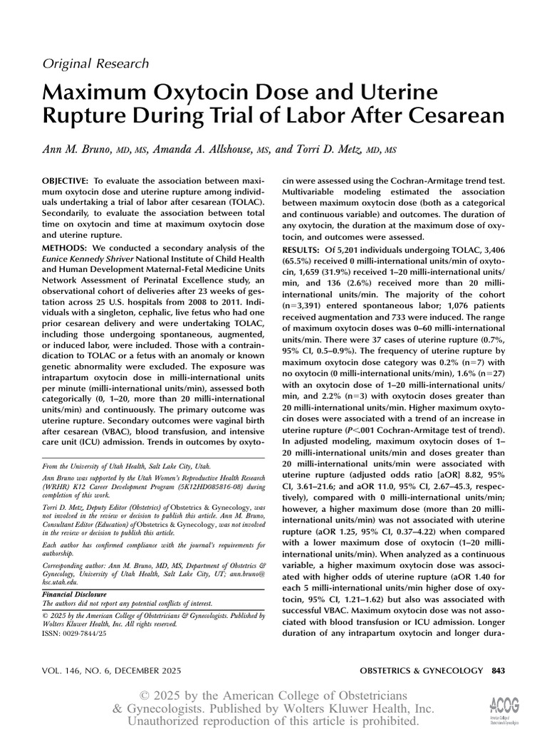 Maximum Oxytocin Dose and Uterine Rupture During.8 | PDF | Childbirth ...