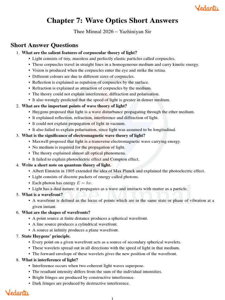 12th Physics Chapter 7 Wave Optics Short Answers | PDF | Angular ...