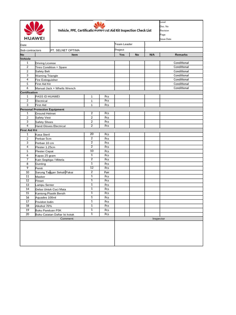 Huawei EHS Audit Checklist For Non-Wireless | PDF
