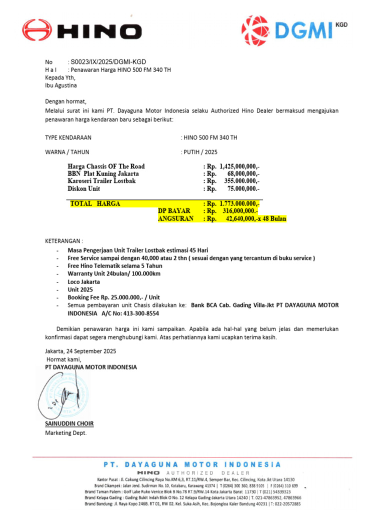 Penawaran Harga HINO 500 FM 340 TH 2025 | PDF
