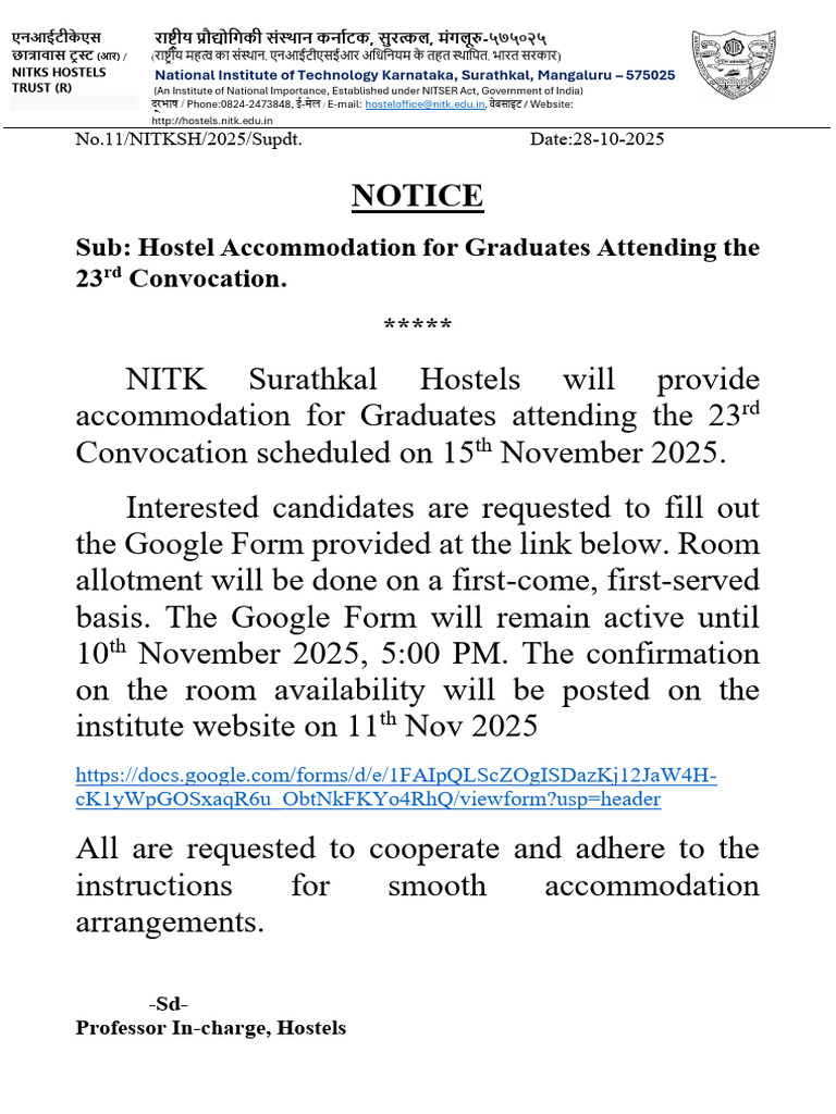 Hostel Accommodation for NITK Graduates | PDF