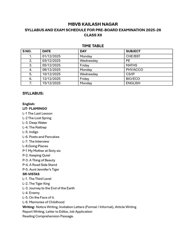 Timetable and Syllabus Preboard | PDF