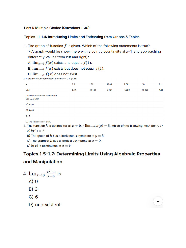 AP Cal BC Unit 1 진단 Test | PDF