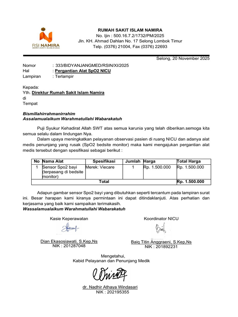 Surat Pergantian Sensor Spo2 Bayi | PDF