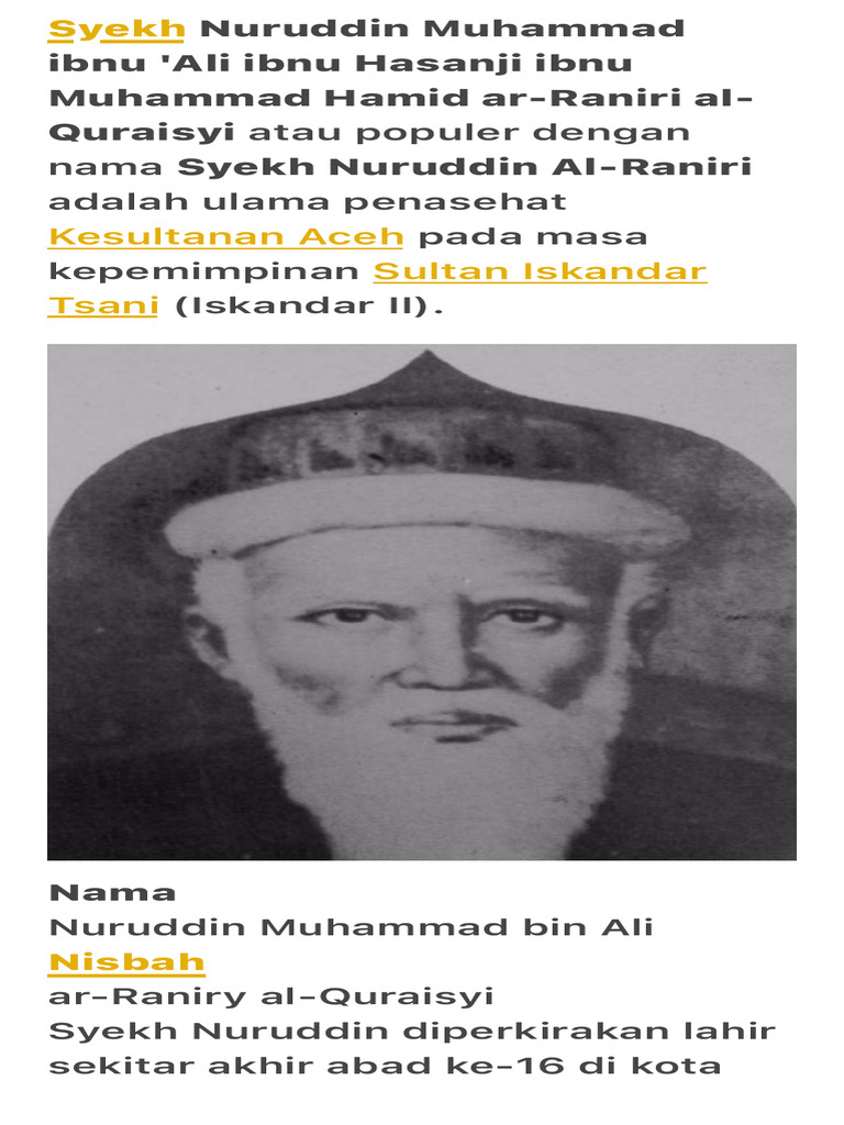 Syekh Nuruddin Al-Raniri: Ulama Aceh | PDF