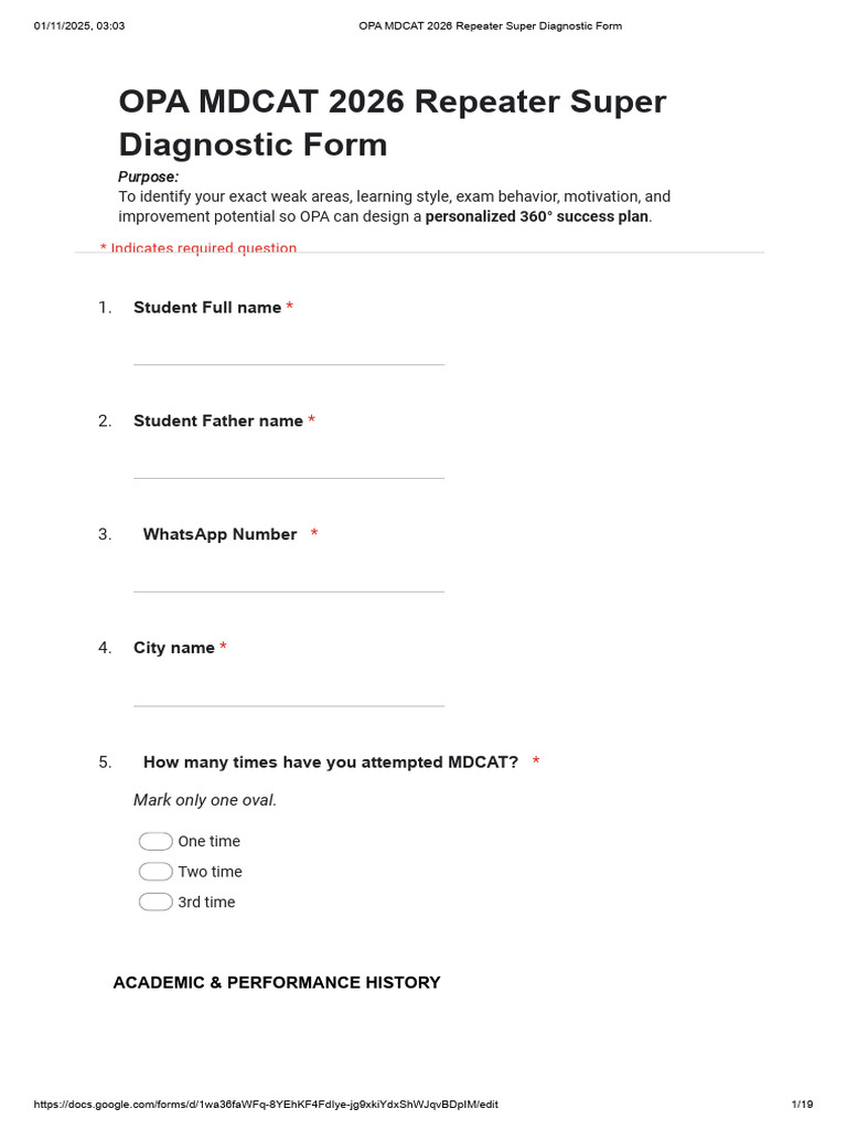 MDCAT 2026 Repeater Diagnostic Form | PDF | Multiple Choice | Anxiety