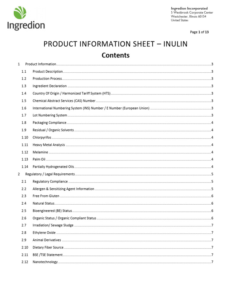 Product Information File - Inulin | PDF