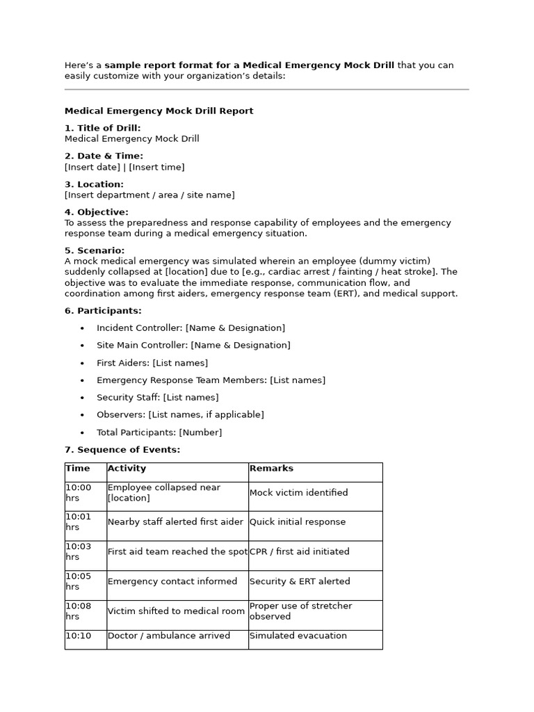 Medical Emergancy Mock Drill Template | PDF | First Aid | Emergency