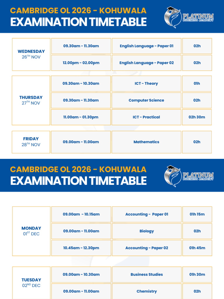 Cambridge OL 2026 Exam Timetable | PDF