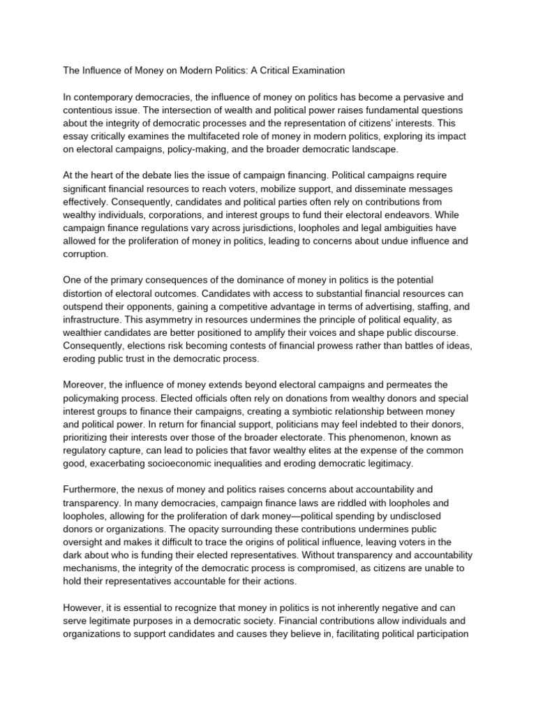 The Influence of Money On Modern Politics - A Critical Examination ...
