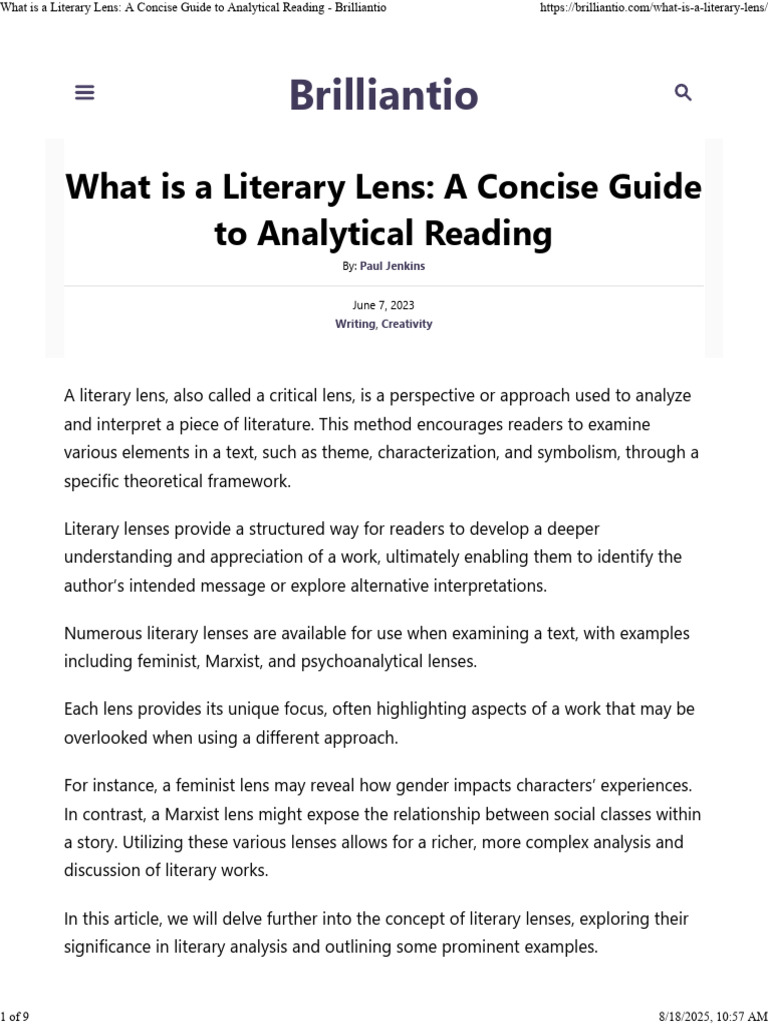 [Fall Week 2] What is a Literary Lens | PDF | Psychoanalysis | Feminism