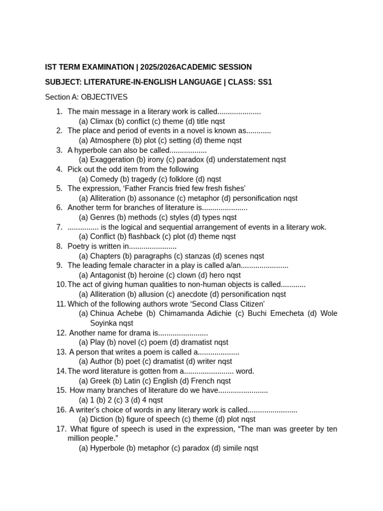 SS1 Literature Exam Questions 2025/2026 | PDF | Poetry | Writing