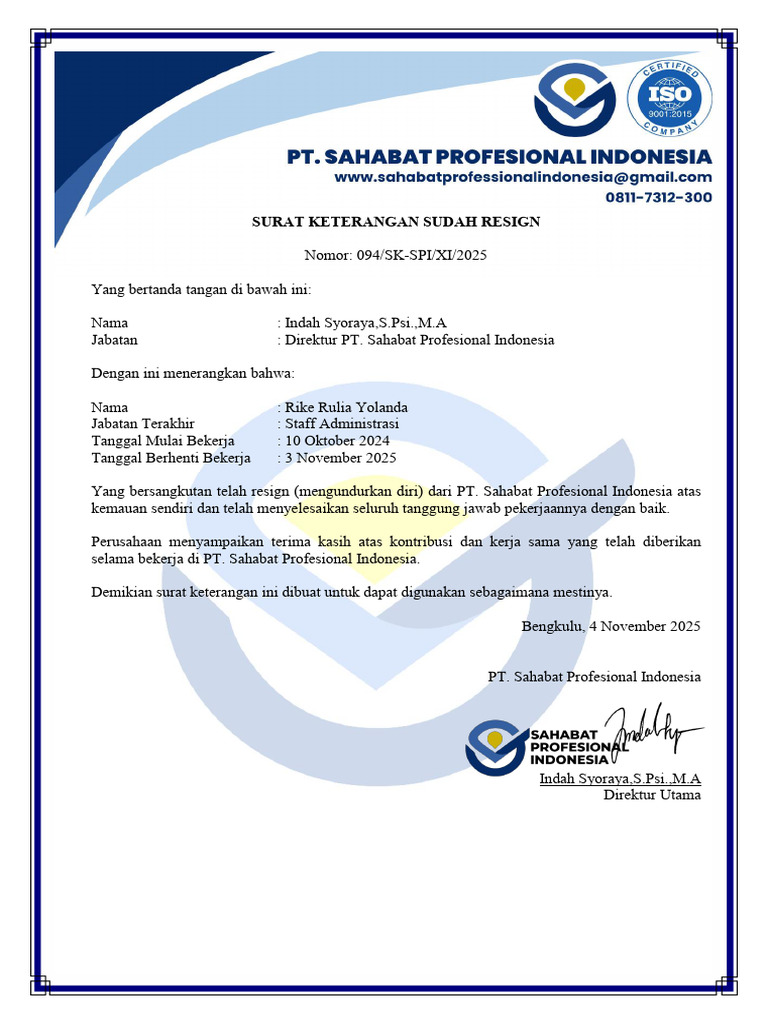 Surat Keterangan Resign Karyawan PT SPI | PDF
