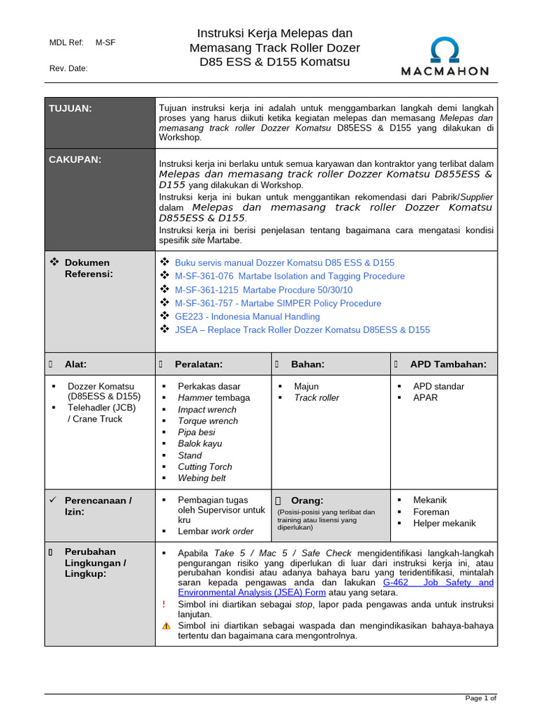 WI Martabe dozer komatsu remove install track roller | PDF