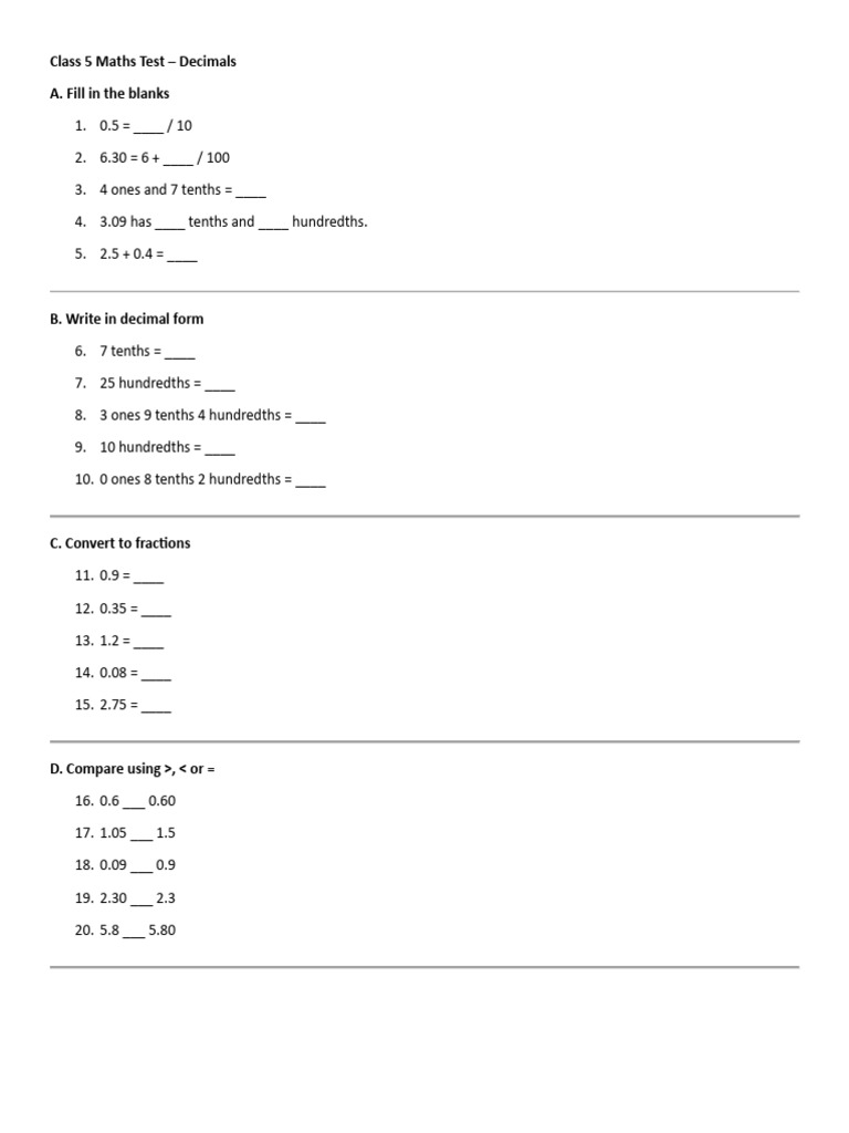Class 5 Maths Test on Decimals | PDF