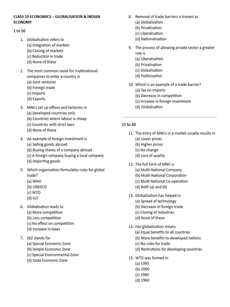Class 10 SST Eco CH Globalization and The Indian Economy MCQ Nov 2025 ...