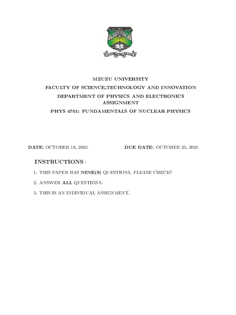 Nuclear Physics Assignment | PDF | Atomic Nucleus | Nuclear Physics