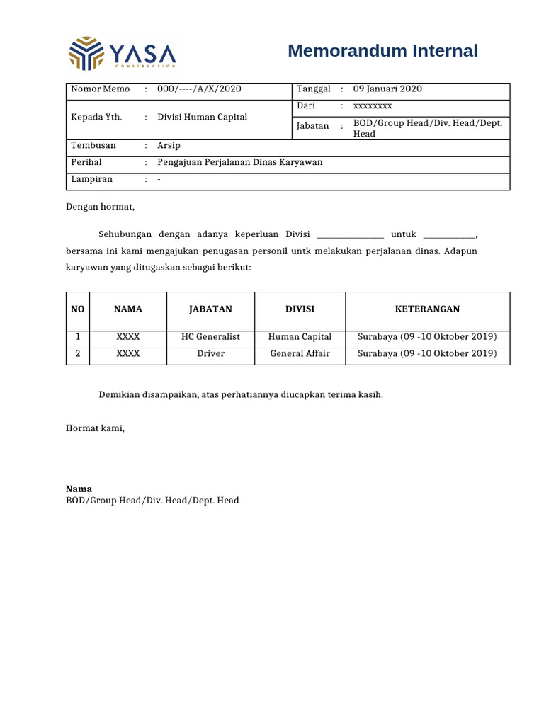Contoh Memo Pengajuan Perjalanan Dinas (1) | PDF