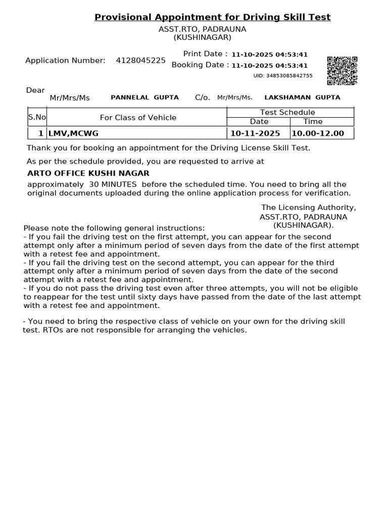 Provisional Appointment For Driving Skill Test: 1 LMV, MCWG 10-11-2025 ...