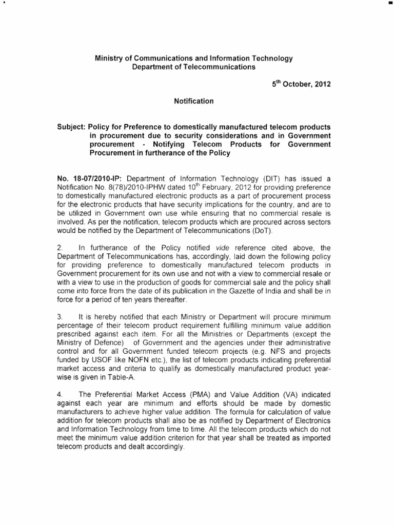 Policy For Preference To Domestically Managed Telecom Products in ...