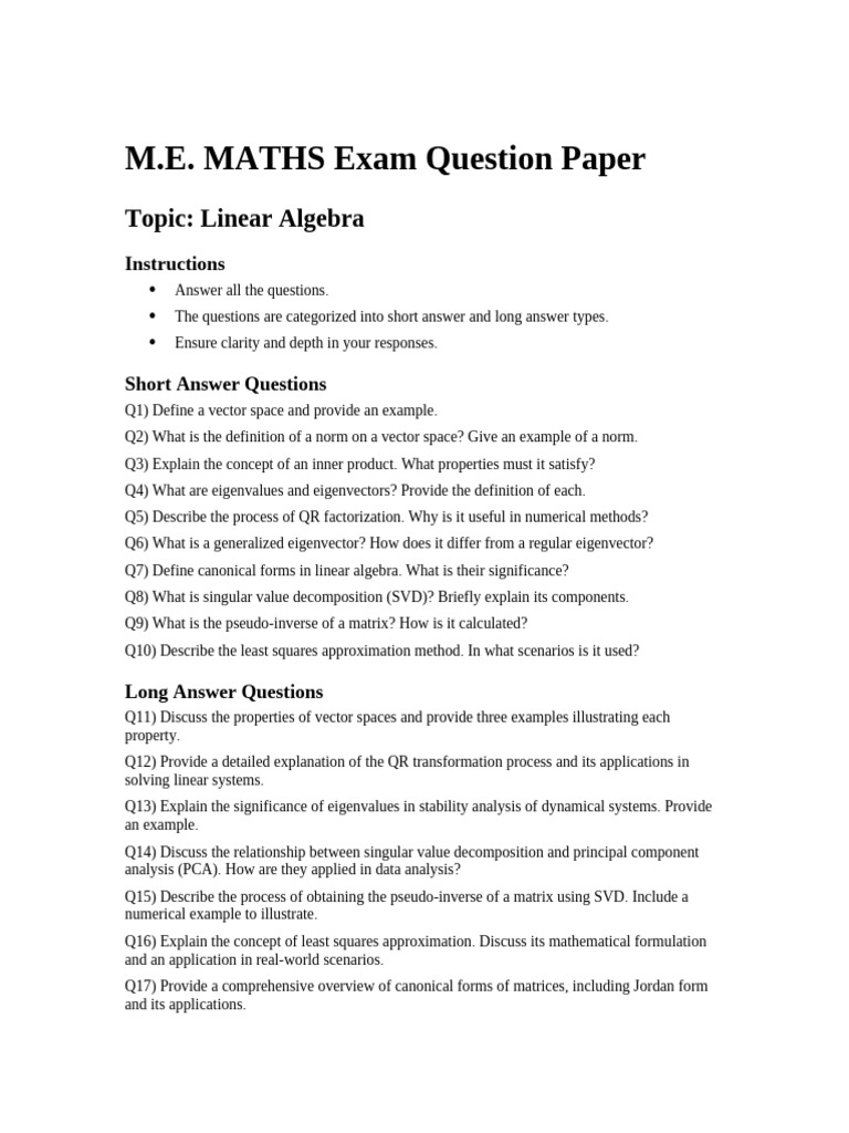 Quiz Worksheet Generator-Postgraduate M.E. Maths Exam - Linear Algebra ...