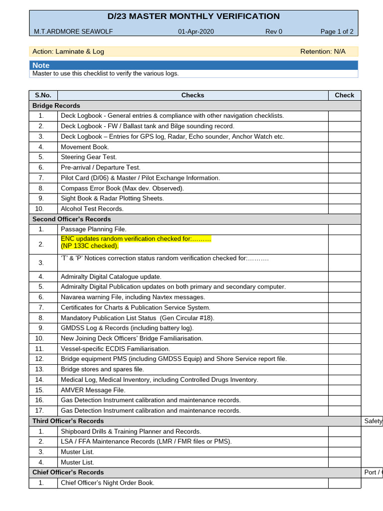 Monthly Verification Checklist for M.T. Ardmore Seawolf | PDF | Oil ...