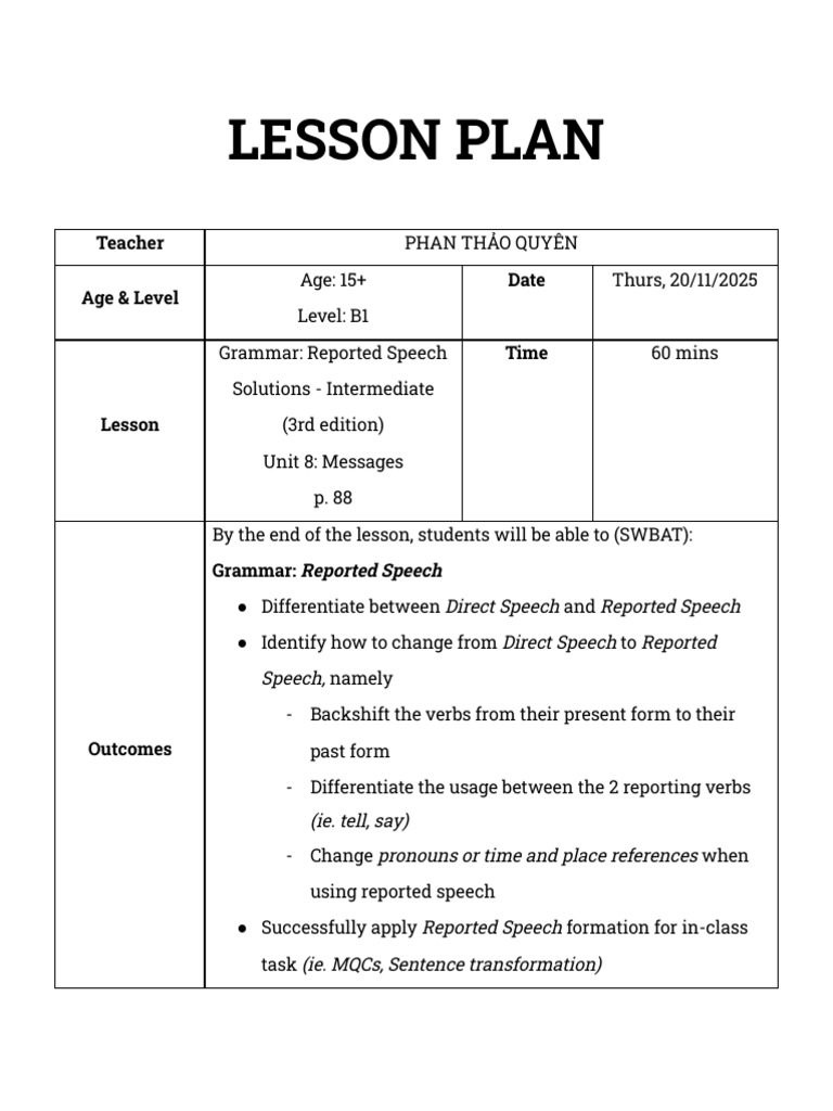 Reported Speech Lesson Plan B1 | PDF | Linguistics | Grammar